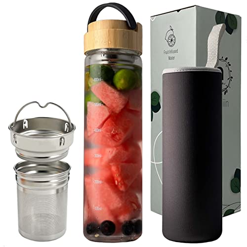 ameiin 23oz Borosilicate Glass Water Bottles with Bamboo Lid and Neoprene Sleeve for Loose Leaf Tea and Fruit Infused Water - Cold Brew Coffee Maker - Tea Infuser Bottle with Strainer - Glass Tumbler