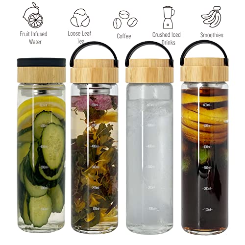 ameiin 23oz Borosilicate Glass Water Bottles with Bamboo Lid and Neoprene Sleeve for Loose Leaf Tea and Fruit Infused Water - Cold Brew Coffee Maker - Tea Infuser Bottle with Strainer - Glass Tumbler