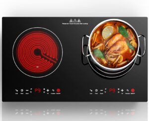 gtkzw electric cooktop 24 inch,electric stove 2 burners 110v built-in and countertop 2200w, led touch screen, 9 heating 9 temperature, overheat protection, kids lock & timer,suitable for all pans