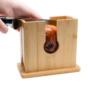 bagel slicer, bagel cutter, bagel slicer holder, bamboo bagel slicer for small and large bagels,bagel slicer with anti-slip silicone and super stable base,wooden bagel slicer/cutter