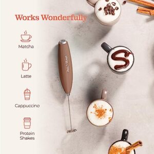 Powerful Handheld Milk Frother, Mini Milk Foamer, Battery Operated (Not included) Stainless Steel Drink Mixer with Frother Stand for Coffee, Lattes, Cappuccino, Frappe, Matcha, Hot Chocolate. (Wood)