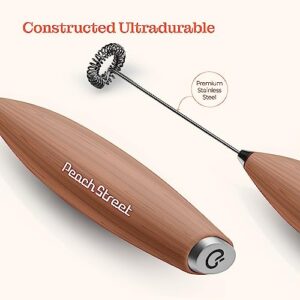 Powerful Handheld Milk Frother, Mini Milk Foamer, Battery Operated (Not included) Stainless Steel Drink Mixer with Frother Stand for Coffee, Lattes, Cappuccino, Frappe, Matcha, Hot Chocolate. (Wood)