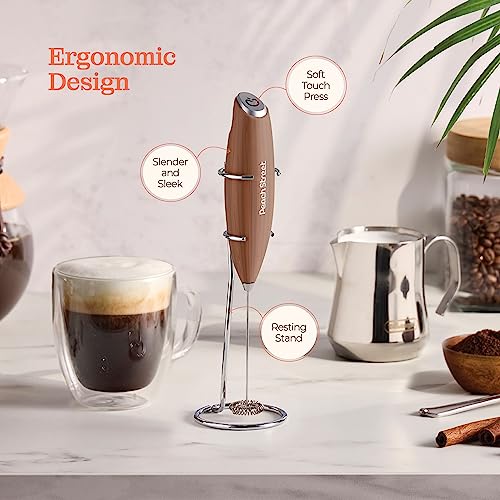 Powerful Handheld Milk Frother, Mini Milk Foamer, Battery Operated (Not included) Stainless Steel Drink Mixer with Frother Stand for Coffee, Lattes, Cappuccino, Frappe, Matcha, Hot Chocolate. (Wood)