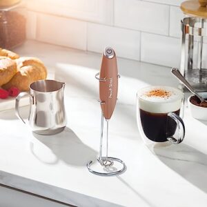 Powerful Handheld Milk Frother, Mini Milk Foamer, Battery Operated (Not included) Stainless Steel Drink Mixer with Frother Stand for Coffee, Lattes, Cappuccino, Frappe, Matcha, Hot Chocolate. (Wood)