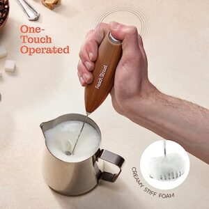 Powerful Handheld Milk Frother, Mini Milk Foamer, Battery Operated (Not included) Stainless Steel Drink Mixer with Frother Stand for Coffee, Lattes, Cappuccino, Frappe, Matcha, Hot Chocolate. (Wood)