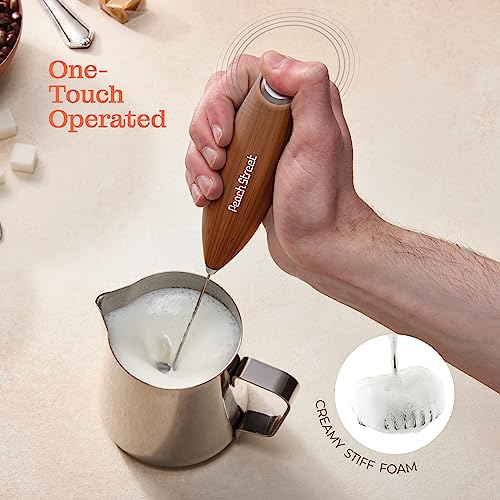 Powerful Handheld Milk Frother, Mini Milk Foamer, Battery Operated (Not included) Stainless Steel Drink Mixer with Frother Stand for Coffee, Lattes, Cappuccino, Frappe, Matcha, Hot Chocolate. (Wood)