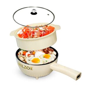 wilzoe electric hot pot 2.8l,1000w non-stick saute pan,rapid noodles cooker,electric cooking pot,ramen cooker for steak,egg,fried rice,dumplings,with power adjustment,(food steamer included),beige