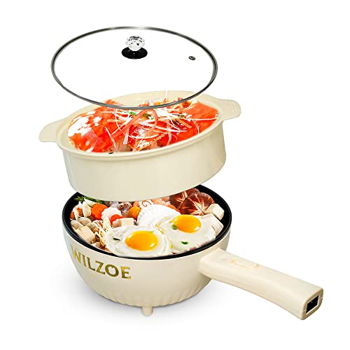 Wilzoe Electric Hot Pot 2.8L,1000W Non-Stick Saute Pan,Rapid Noodles Cooker,Electric Cooking Pot,Ramen Cooker for Steak,Egg,Fried Rice,Dumplings,with Power Adjustment,(Food Steamer Included),Beige