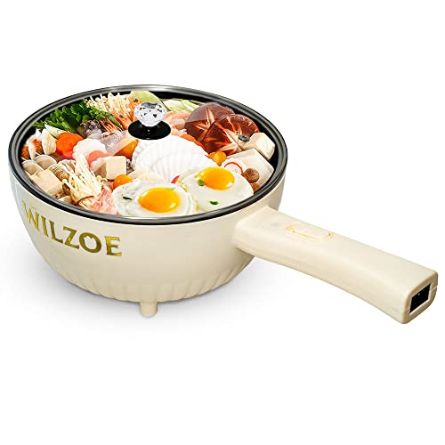 Wilzoe Electric Hot Pot 2.8L,1000W Non-Stick Saute Pan,Rapid Noodles Cooker,Electric Cooking Pot,Ramen Cooker for Steak,Egg,Fried Rice,Dumplings,with Power Adjustment,(Food Steamer Included),Beige