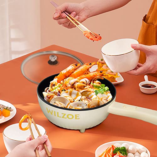 Wilzoe Electric Hot Pot 2.8L,1000W Non-Stick Saute Pan,Rapid Noodles Cooker,Electric Cooking Pot,Ramen Cooker for Steak,Egg,Fried Rice,Dumplings,with Power Adjustment,(Food Steamer Included),Beige