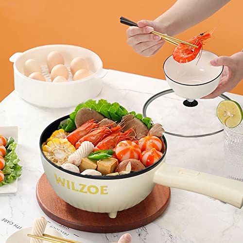 Wilzoe Electric Hot Pot 2.8L,1000W Non-Stick Saute Pan,Rapid Noodles Cooker,Electric Cooking Pot,Ramen Cooker for Steak,Egg,Fried Rice,Dumplings,with Power Adjustment,(Food Steamer Included),Beige