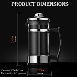 DITOSH French Press Coffee Maker Espresso and Tea Maker with Triple Filters Plunger and Heat Resistant Borosilicate Glass Coffee Press Pot for Camping Travel Gifts 304 Stainless Steel Lid-21oz/600ml