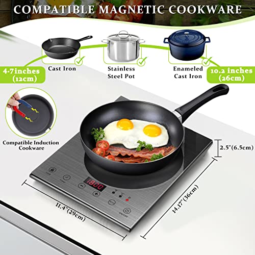 Portable Induction Cooktop, KXITGSIMRE 1800W Electric Induction Burner Cooktop with Child Safty Lock, 17 Power Levels 21 Temperature Setting, 3 Hours Timer