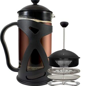 KONA French Press Coffee Press Maker With Reusable Stainless Steel Filter, Large Comfortable Handle & Glass Protecting Durable Black Shell