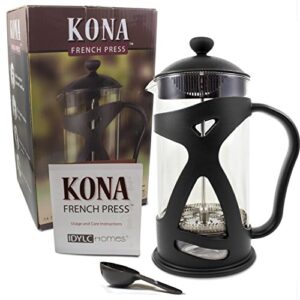 KONA French Press Coffee Press Maker With Reusable Stainless Steel Filter, Large Comfortable Handle & Glass Protecting Durable Black Shell