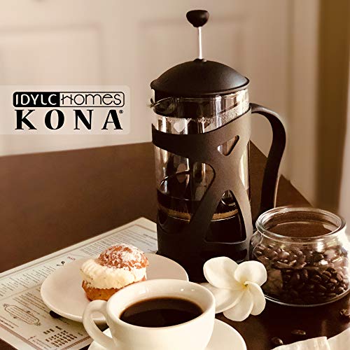 KONA French Press Coffee Press Maker With Reusable Stainless Steel Filter, Large Comfortable Handle & Glass Protecting Durable Black Shell