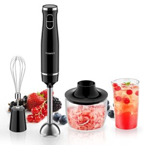 howork 1000w immersion hand blender, 4-in-1 multifunctional 2 speed stainless steel handheld stick blender, titanium cross blade, 600ml mixing beaker and 500ml food processor, egg whisk attachment, dishwasher safe, black