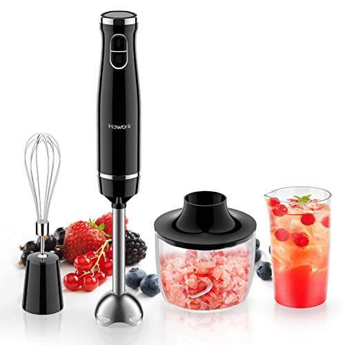 Howork 1000W Immersion Hand Blender, 4-in-1 Multifunctional 2 Speed Stainless Steel Handheld Stick Blender, Titanium Cross Blade, 600ml Mixing Beaker and 500ml Food Processor, Egg Whisk Attachment, Dishwasher Safe, Black