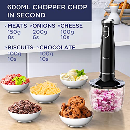 Howork 1000W Immersion Hand Blender, 4-in-1 Multifunctional 2 Speed Stainless Steel Handheld Stick Blender, Titanium Cross Blade, 600ml Mixing Beaker and 500ml Food Processor, Egg Whisk Attachment, Dishwasher Safe, Black