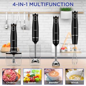 Howork 1000W Immersion Hand Blender, 4-in-1 Multifunctional 2 Speed Stainless Steel Handheld Stick Blender, Titanium Cross Blade, 600ml Mixing Beaker and 500ml Food Processor, Egg Whisk Attachment, Dishwasher Safe, Black