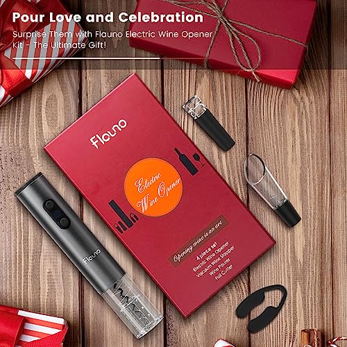 Flauno Electric Wine Opener Rechargeable - Automatic Wine Bottle Opener, Electric Corkscrew Wine Opener with Foil Cutter, Vacuum Wine Stopper, Wine Aerator Pourer, Wine Gift Set (Black)