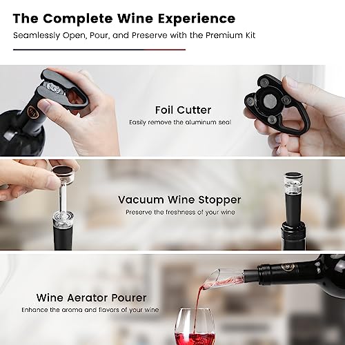 Flauno Electric Wine Opener Rechargeable - Automatic Wine Bottle Opener, Electric Corkscrew Wine Opener with Foil Cutter, Vacuum Wine Stopper, Wine Aerator Pourer, Wine Gift Set (Black)