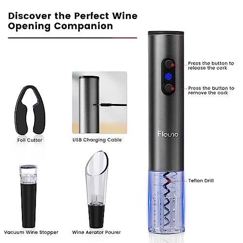 Flauno Electric Wine Opener Rechargeable - Automatic Wine Bottle Opener, Electric Corkscrew Wine Opener with Foil Cutter, Vacuum Wine Stopper, Wine Aerator Pourer, Wine Gift Set (Black)