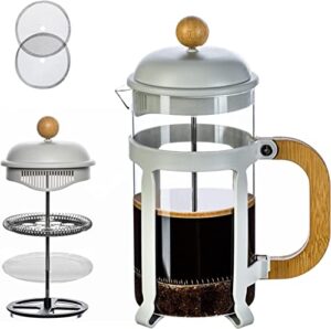 paracity french press coffee/tea maker 34 oz with 2 replaceable filter, camping large coffee/tea press of bamboo handle and heat resistant glass, cold brew french press