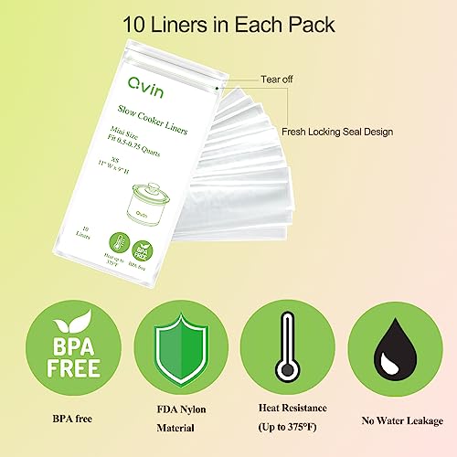 Qvin Slow Cooker Liners, Disposal Plastic Bags, Compatible with 16 0z Mini Crockpot, Qvin 0.65Qt Slow Cooker, 20 OZ Crock-pot Luch Box Food Warmer, Betty 0.7Qt Crocker,Fit 0.5 to 0.75Quart, 1 Pack (10 Liners)