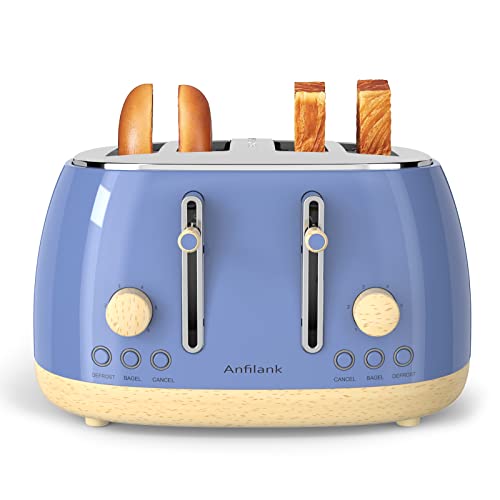 Anfilank Toaster 4 Slice,Retro Stainless Steel Toaster with Extra Wide Slots Cancel, Bagel, Defrost Function, Dual Independent Control Panel, Removable Crumb Tray, 6 Shade Settings and High Lift Lever, Blue, Large Size