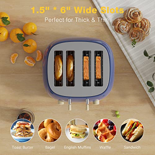 Anfilank Toaster 4 Slice,Retro Stainless Steel Toaster with Extra Wide Slots Cancel, Bagel, Defrost Function, Dual Independent Control Panel, Removable Crumb Tray, 6 Shade Settings and High Lift Lever, Blue, Large Size