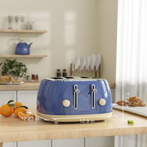 Anfilank Toaster 4 Slice,Retro Stainless Steel Toaster with Extra Wide Slots Cancel, Bagel, Defrost Function, Dual Independent Control Panel, Removable Crumb Tray, 6 Shade Settings and High Lift Lever, Blue, Large Size