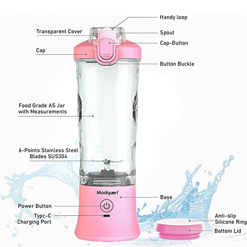 Modquen Portable Blender, 20 oz Personal Size Blender for Shakes and Smoothies, 240 Watt BPA-Free Mini Blender Cup, USB Rechargeable Cordless Blenders (Pink)