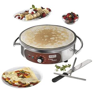 Waring Commercial WSC160X 16" Electric Crepe Maker, Cast Iron Cooking Surface, Stainless Steel Base, Includes Batter Spreader and Spatula, 120V, 1800W, 5-15 Phase Plug