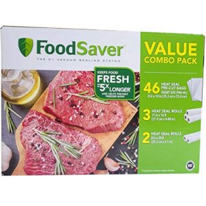 food saver vacuum seal rolls and vacuum sealer bags, value combo rolls & precut bags, 46pcs (8 in x 10 in) heat seal pre-cut bag, 3pcs (11 in x 16ft) heat seal rolls, 2pcs (8 in x 20ft) heat seal rolls