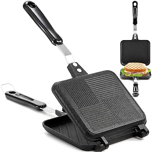 Elsjoy Non-Stick Hot Sandwich Panini Maker with Handle, Aluminum Double Sided Frying Pan Detachable Grilled Sandwich Flip Pan, Stovetop Toasted Sandwich Maker Pan for Home, Kitchen, Breakfast