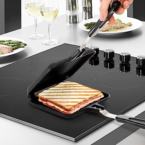 Elsjoy Non-Stick Hot Sandwich Panini Maker with Handle, Aluminum Double Sided Frying Pan Detachable Grilled Sandwich Flip Pan, Stovetop Toasted Sandwich Maker Pan for Home, Kitchen, Breakfast