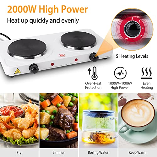 Double Hot Plate for Cooking, Moclever Electric Double Burner, 2000w Portable Electric Stove w/Independent Dual Control & 5 Level Temperature Control, Easy Clean Hot Plate Burners for Kitchen Camping