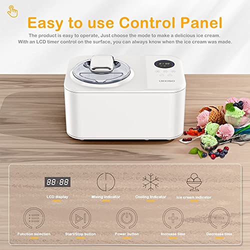 UKKISO Ice Cream Maker for Home: 1.2 Quart Automatic Ice Cream Maker Machine with LCD Display, Stainless Steel Homemade Soft Serve Ice Cream Machine with Compressor for Kids, Home, Holiday