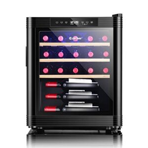 nightcore wine cooler, 24 inch wine fridge for 21 bottles, freestanding wine refrigerator with digital temperature display, wooden shelves, glass door, built-in led light