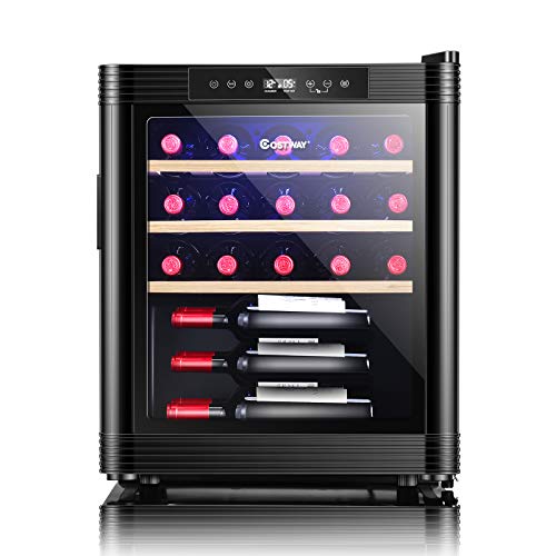 Nightcore Wine Cooler, 24 Inch Wine Fridge for 21 Bottles, Freestanding Wine Refrigerator with Digital Temperature Display, Wooden Shelves, Glass Door, Built-in LED Light