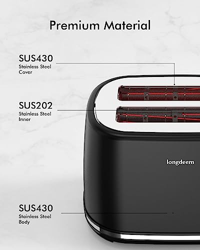 Longdeem 2-Slice Toaster, Extra Wide Slots, 6 Browning Options With Lift and Look, Auto Shut-Off & Frozen Function for Toasting Fruit Bread, Bagels & Waffles, Removable Crumb Tray, Matte Black