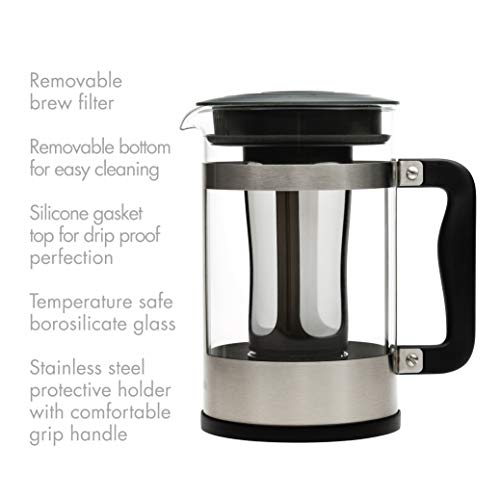 Primula Kedzie Deluxe Cold Brew Iced Coffee Maker Comfort Grip Handle, Durable Glass Carafe, Removable Mesh Filter, 6 Cup, Brushed Stainless Steel