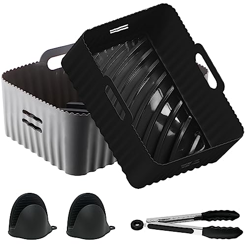 Air Fryer Silicone Liners - 4Pcs Rectangular Reusable Silicone Pot for Ninja Foodi DualZone DZ401/DZ201/DZ090/DZ550, 8/9/10 Quarts Dual Air Fryers Basket Insert Accessories with Gloves and Tongs