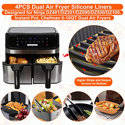 Air Fryer Silicone Liners - 4Pcs Rectangular Reusable Silicone Pot for Ninja Foodi DualZone DZ401/DZ201/DZ090/DZ550, 8/9/10 Quarts Dual Air Fryers Basket Insert Accessories with Gloves and Tongs