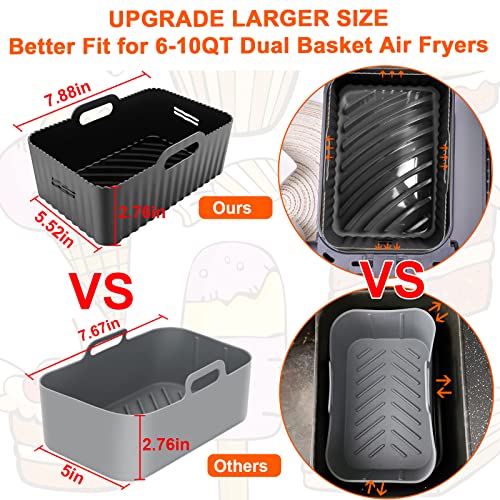 Air Fryer Silicone Liners - 4Pcs Rectangular Reusable Silicone Pot for Ninja Foodi DualZone DZ401/DZ201/DZ090/DZ550, 8/9/10 Quarts Dual Air Fryers Basket Insert Accessories with Gloves and Tongs