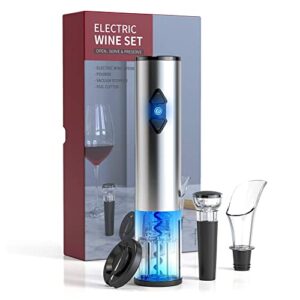 circle joy electric wine bottle openers set - battery powered motorized operated cordless automatic corkscrew opener puller kit with attached foil cutter stopper wine aerator pourer, stainless steel