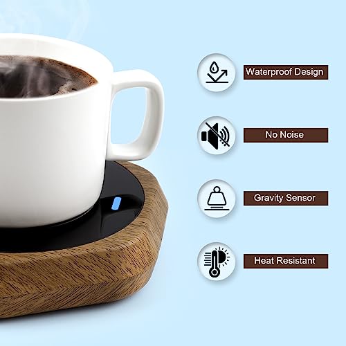 Coffee Mug Warmer:Auto On/Off Gravity-Induction Beverage Cup Warmer for Office Home Desk-Candle Warmer Coaster&Warming Heating Coffee Milk Tea Hot Chocolate-Wood Grain