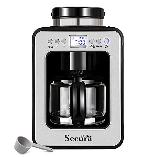 Secura Coffee Automatic Coffee Maker with Grinder, Programmable Grind and Brew Coffee Machine for use with Ground or Whole Beans, 17 oz Glass Carafe, Black (CM6686AT)