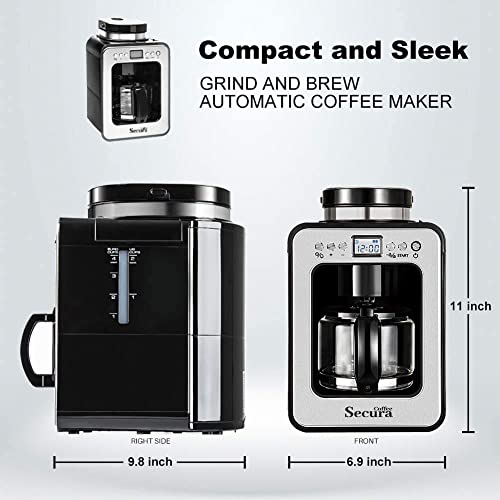 Secura Coffee Automatic Coffee Maker with Grinder, Programmable Grind and Brew Coffee Machine for use with Ground or Whole Beans, 17 oz Glass Carafe, Black (CM6686AT)